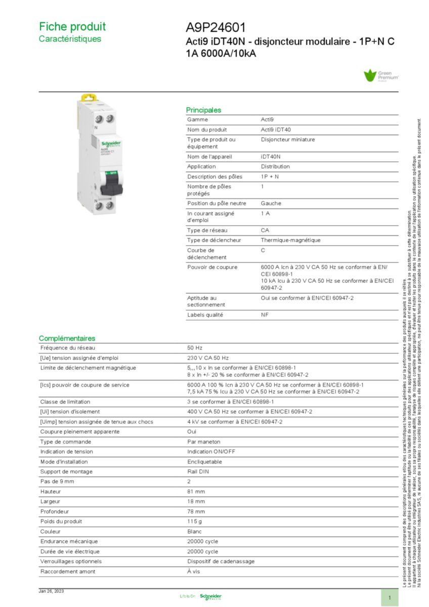 SCHNEIDER ELECTRIC - Acti9 iDT40N - disjoncteur modulaire - 1P+N C 1A 6000A/10kA 6000A Icn ...