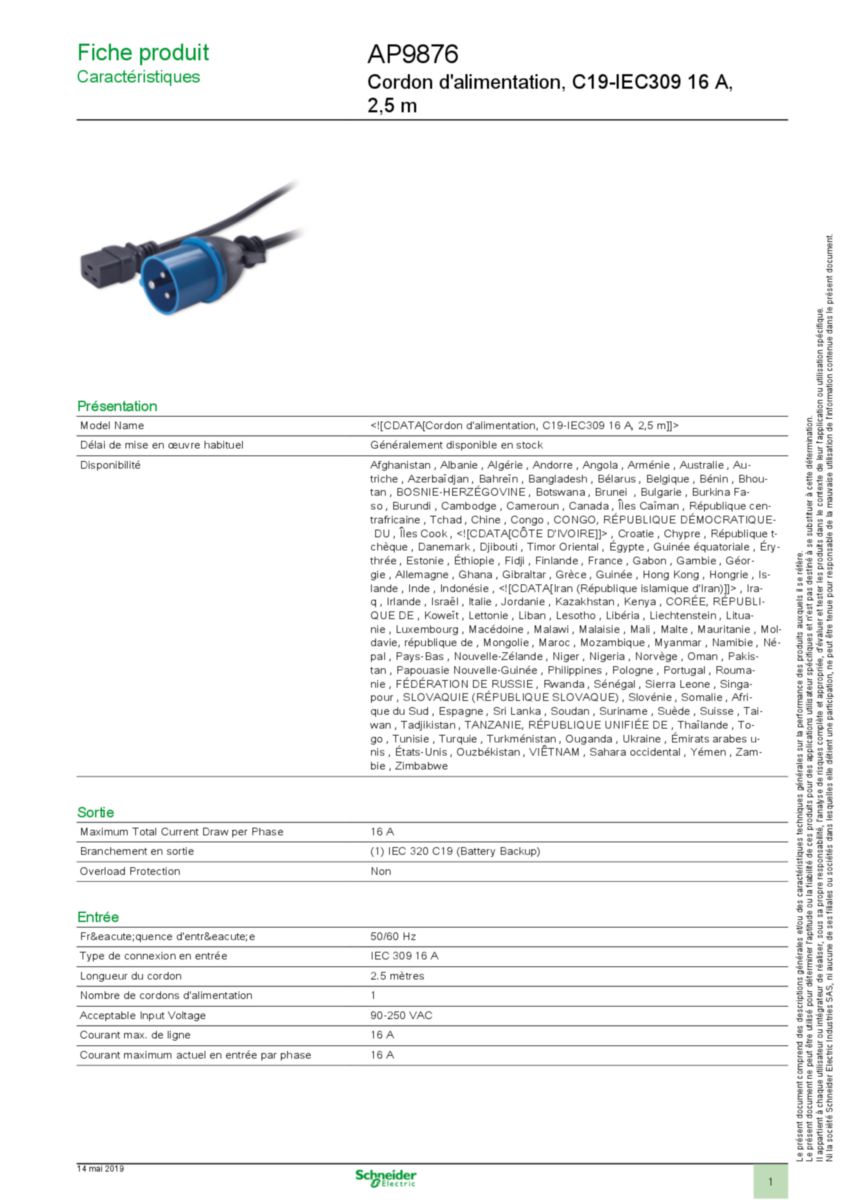 SCHNEIDER ELECTRIC - Apc, power cord, c19 to iec309 16a, 2.5m réf ...