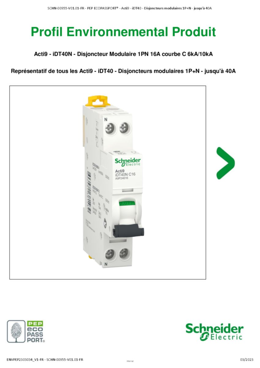 SCHNEIDER ELECTRIC - Acti9 iDT40N - disjoncteur modulaire - 1P+N C 1A 6000A/10kA 6000A Icn ...