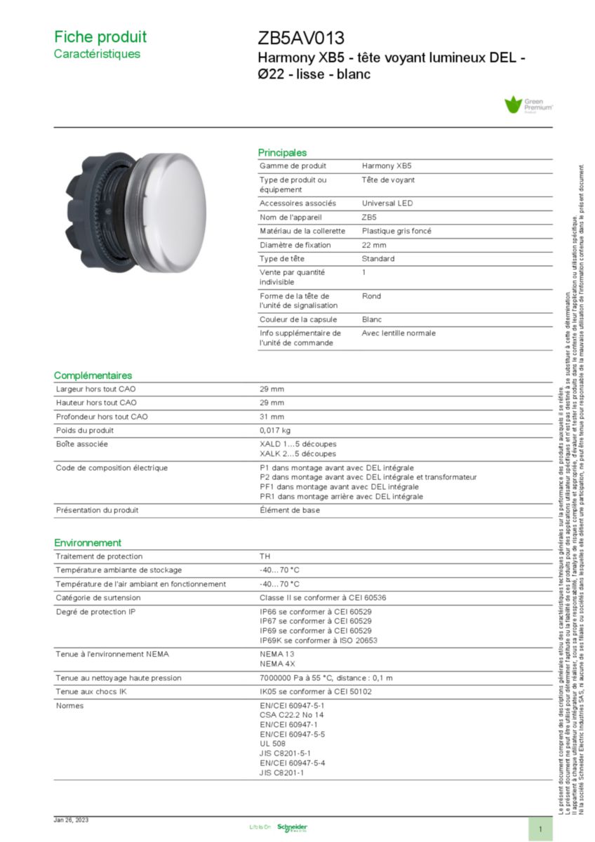 SCHNEIDER ELECTRIC - Tete voyant lumineux del blanc zb5av013 | CDL ELEC